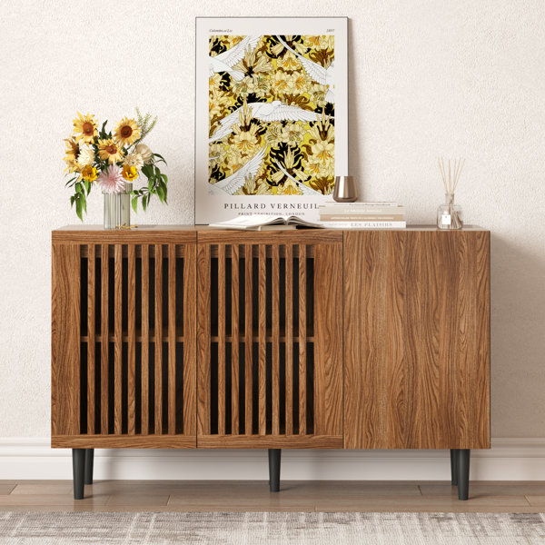 Ebern Designs Storage Cabinet, 47.2” Buffet Cabinet With 3 DIY Doors And Adjustable Shelves ...